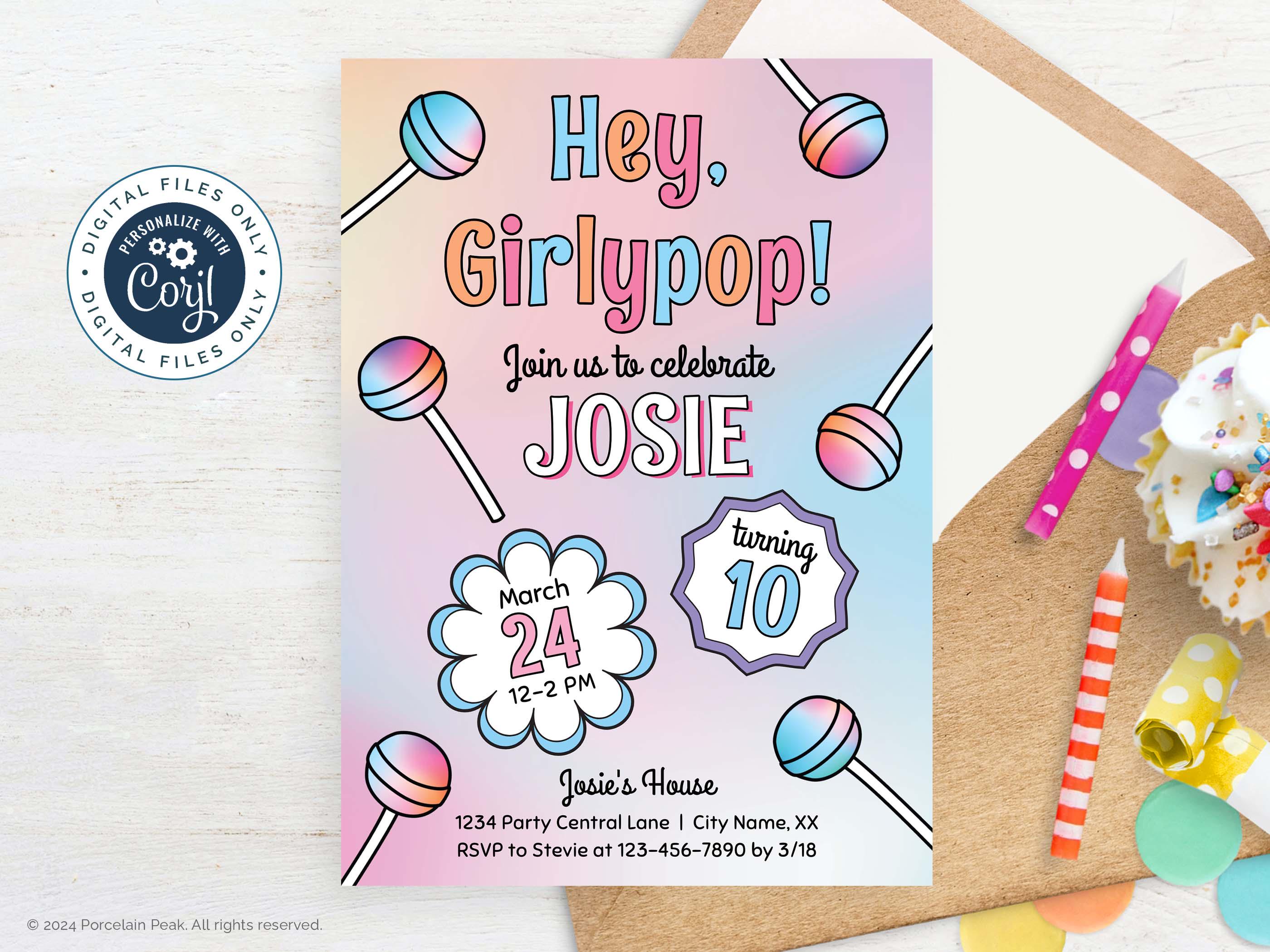Tween Birthday Invitation, Tween Girl Party Invite, Lollipop, Girlypop ...