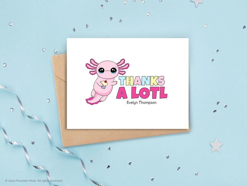 Personalized Axolotl Thank You Card, Girls Axolotl Folded Notecard ...