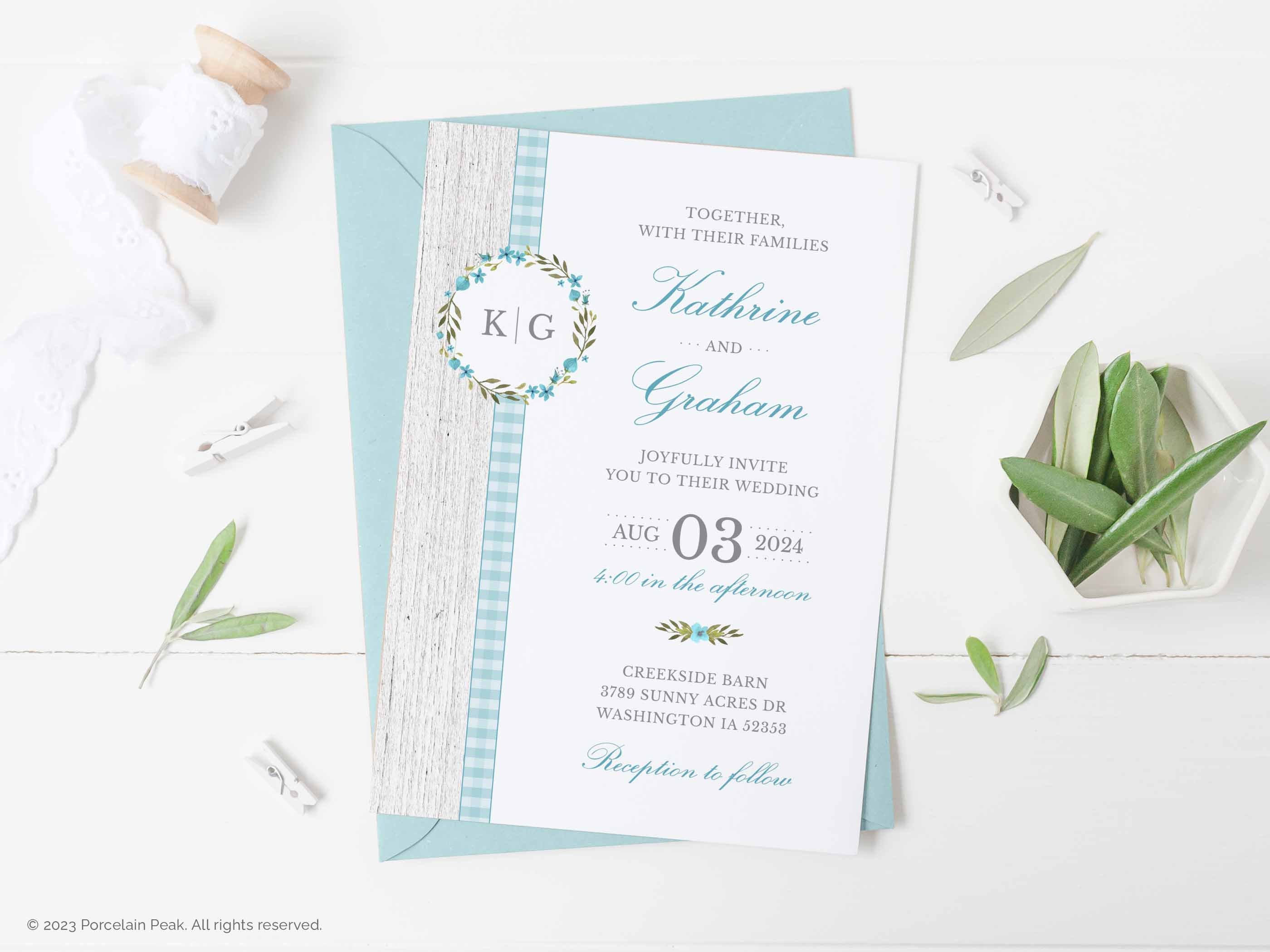 Editable Teal Country Chic Wedding Invitation Template Aqua Floral ...