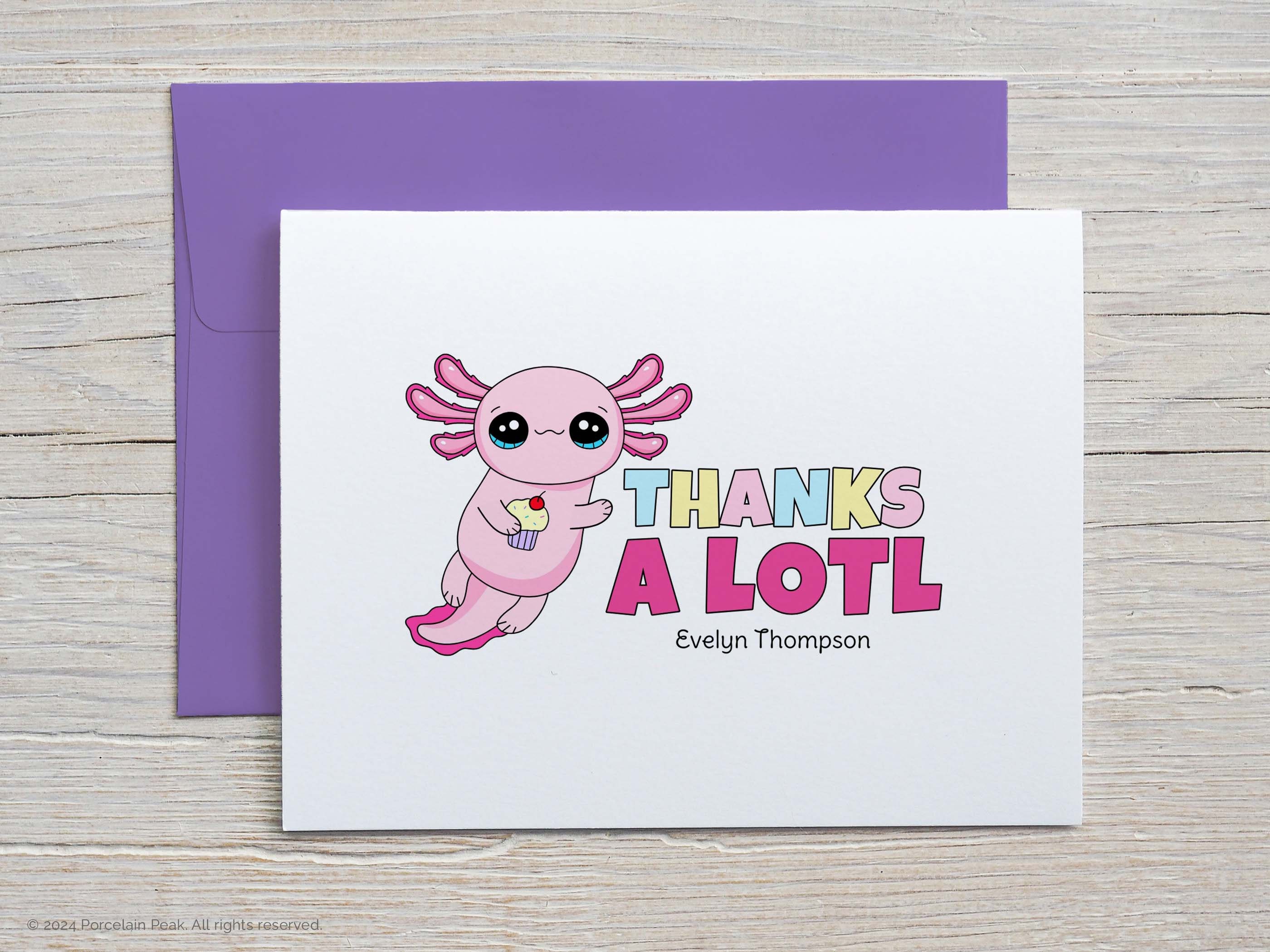 Personalized Axolotl Thank You Card, Girls Axolotl Folded Notecard ...