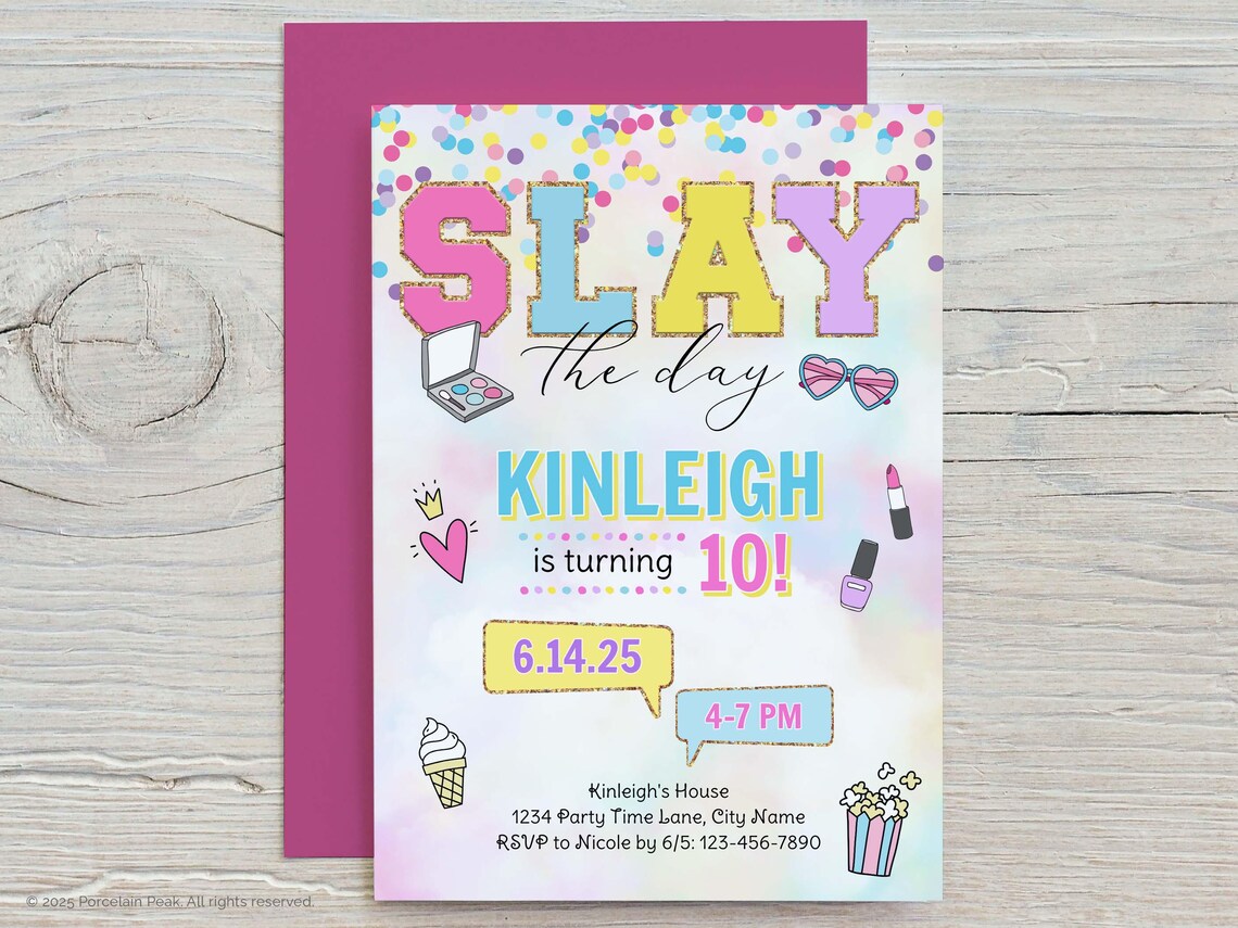 Tween Birthday Invitation, Slay the Day Invite, Varsity Patch Text ...