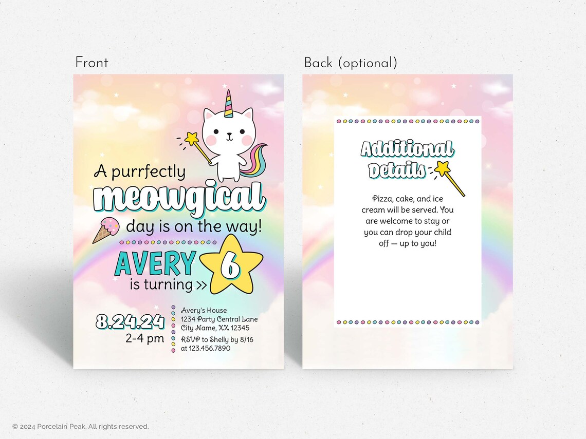 Editable Girls Caticorn Birthday Invitation, Kittycorn Party Invite ...