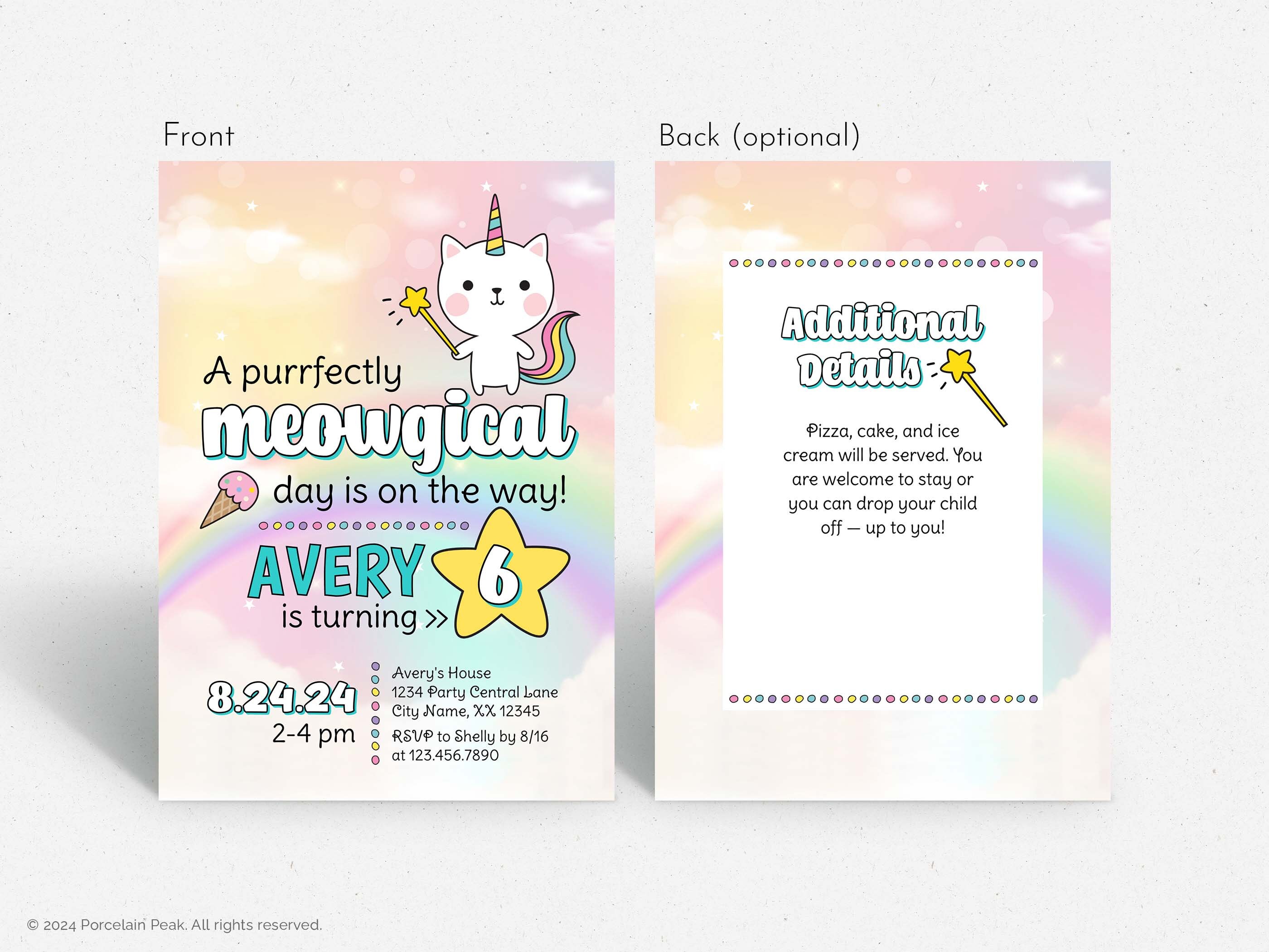 Editable Girls Caticorn Birthday Invitation, Kittycorn Party Invite ...