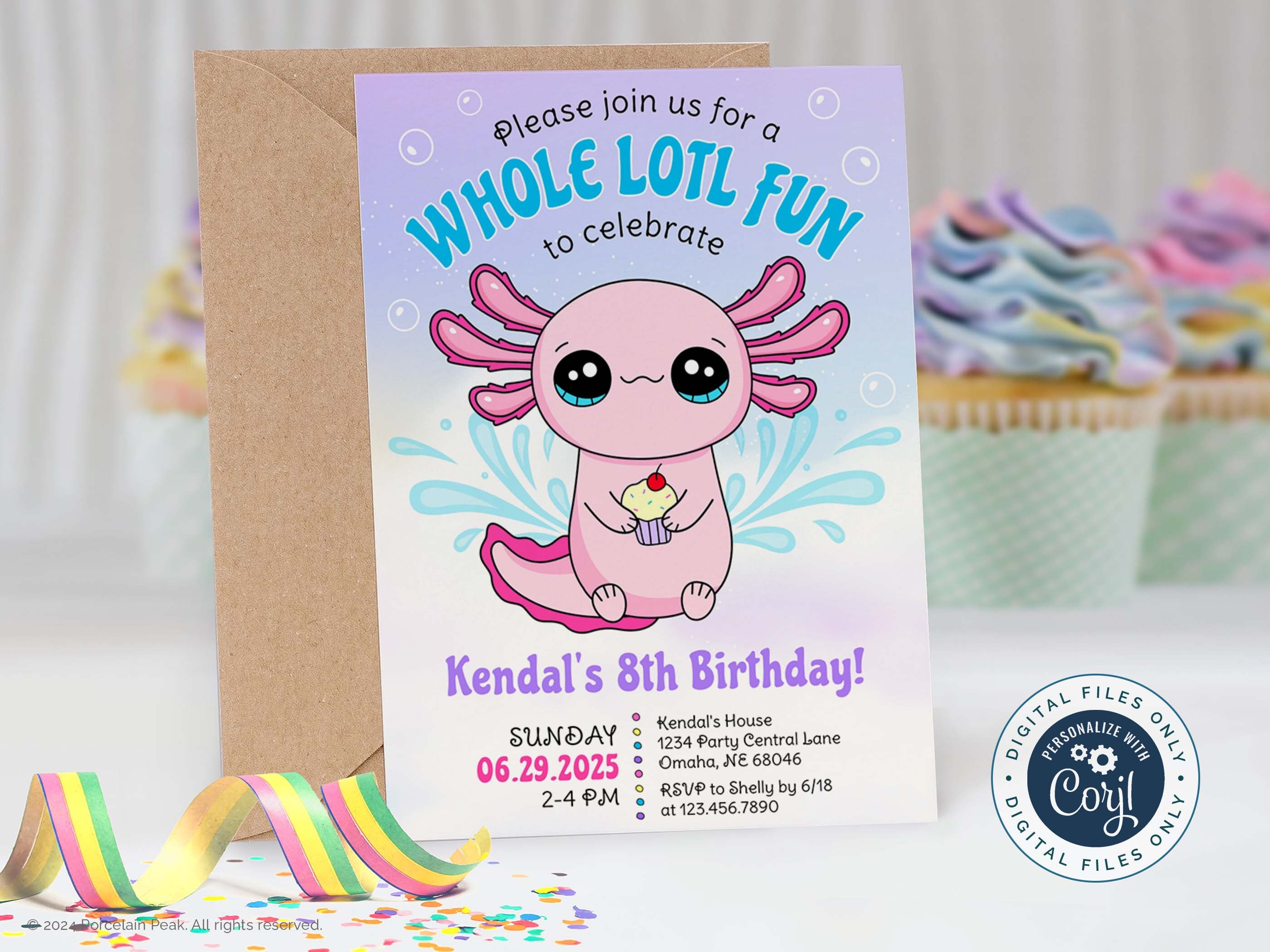 Editable Axolotl Girls Birthday Invitation, Cute Axolotl Party Invite ...