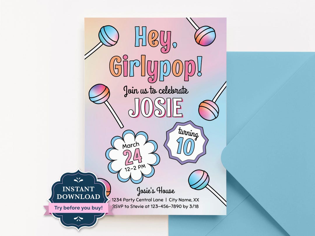 Tween Birthday Invitation, Tween Girl Party Invite, Lollipop, Girlypop ...