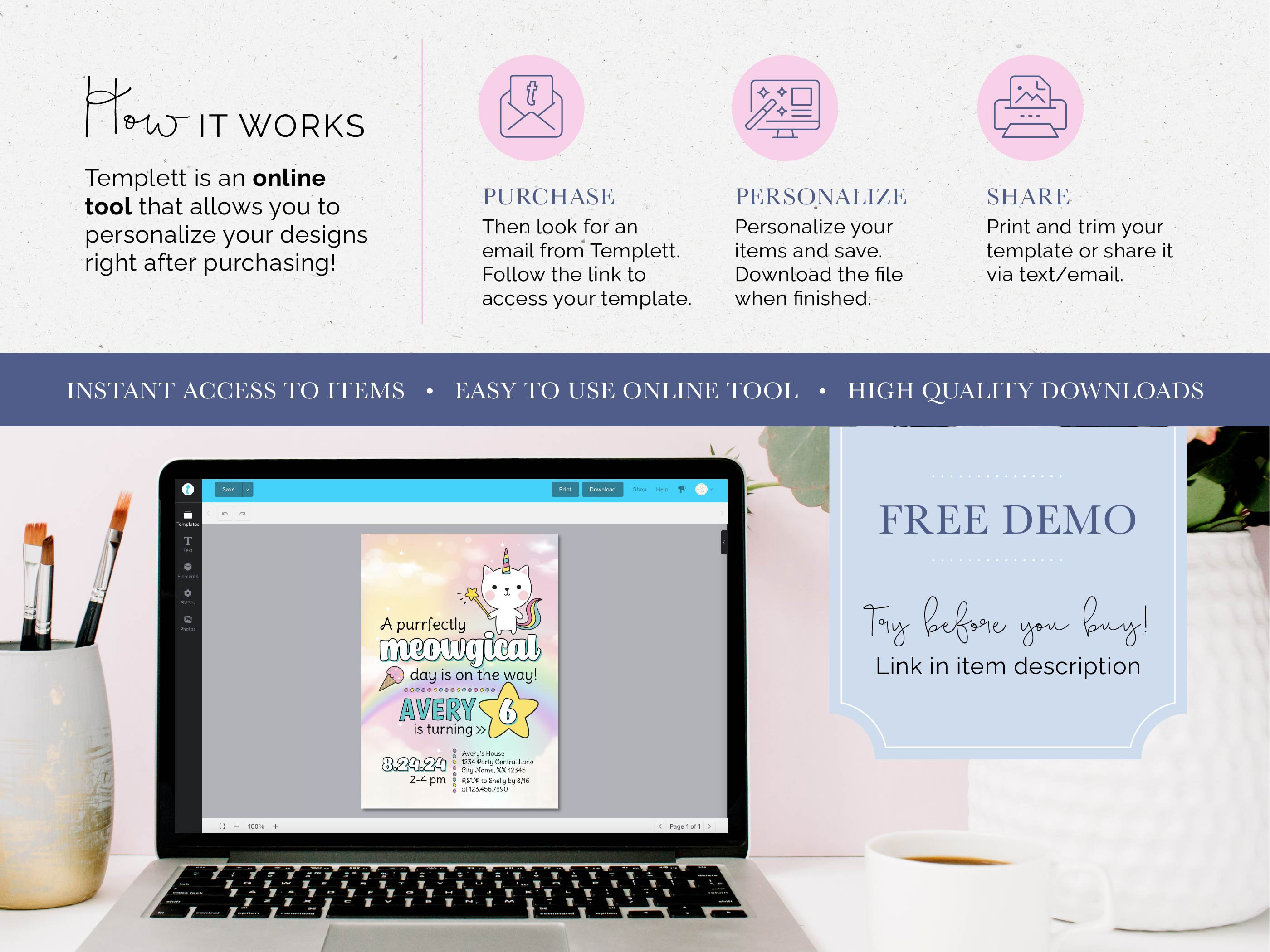 Editable Girls Caticorn Birthday Invitation, Kittycorn Party Invite ...