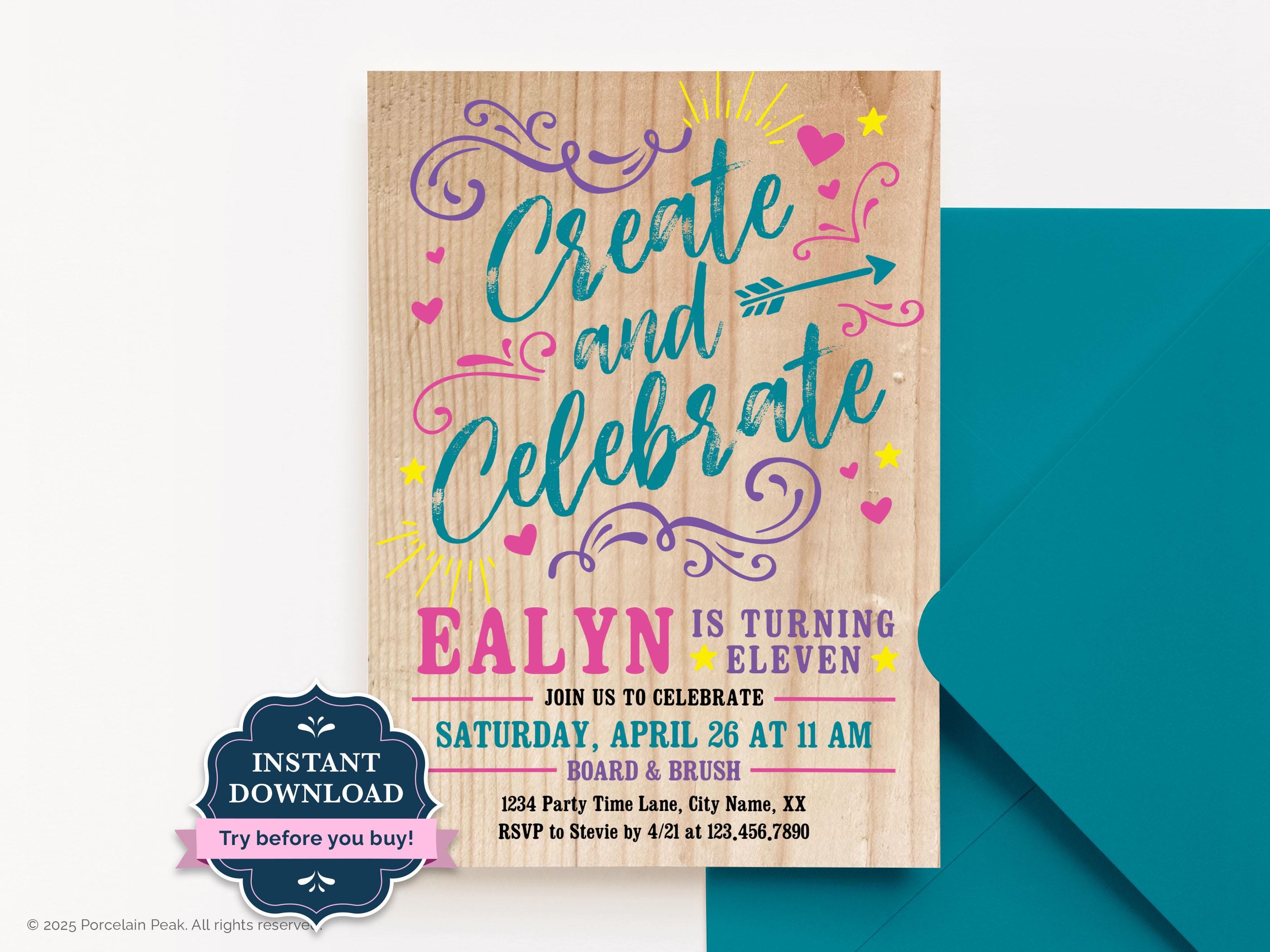 Tween Birthday Invitation, Girls Arts & Crafts Party, Wood Sign Invite ...