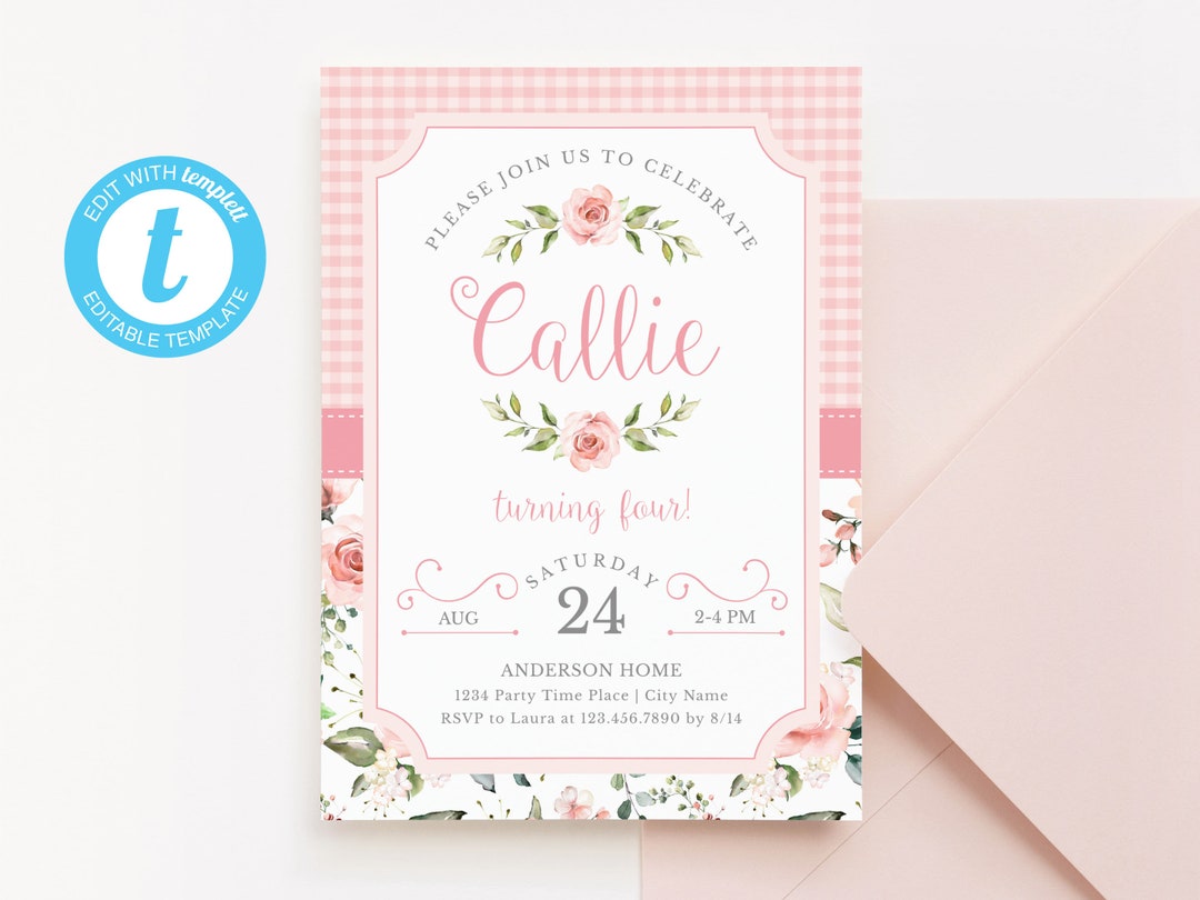 Editable 4th Birthday Party Invitation, Girl Pink Party Invite, Pink ...