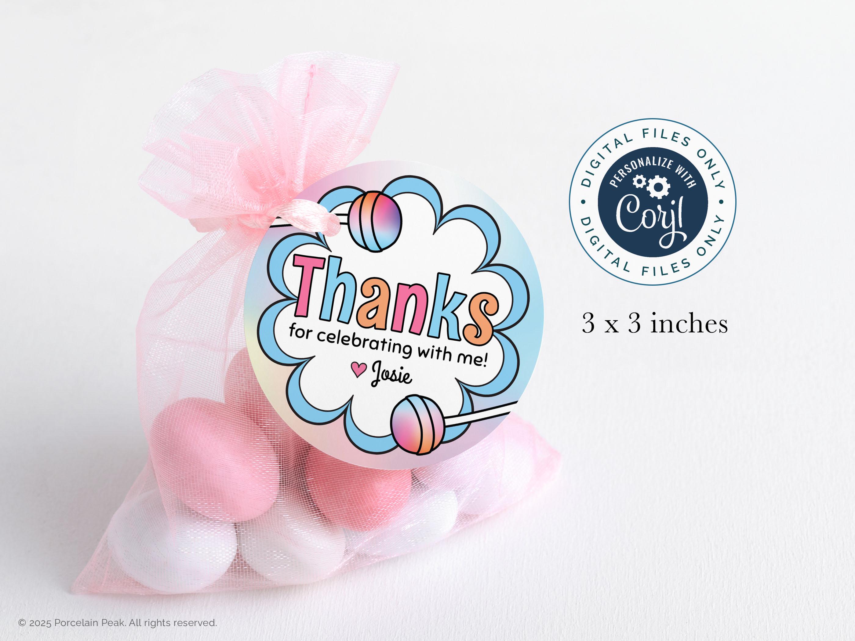 Lollipop Thank You Tag, Tween Girl Birthday Party Favor Sticker, Gift ...