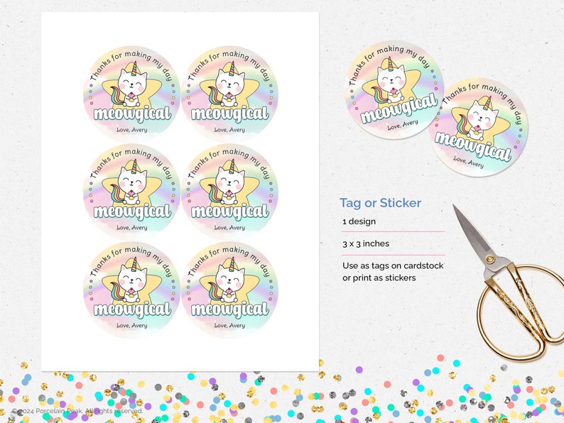 Editable Caticorn Birthday Thank You Tag, Kittycorn Favor Sticker ...