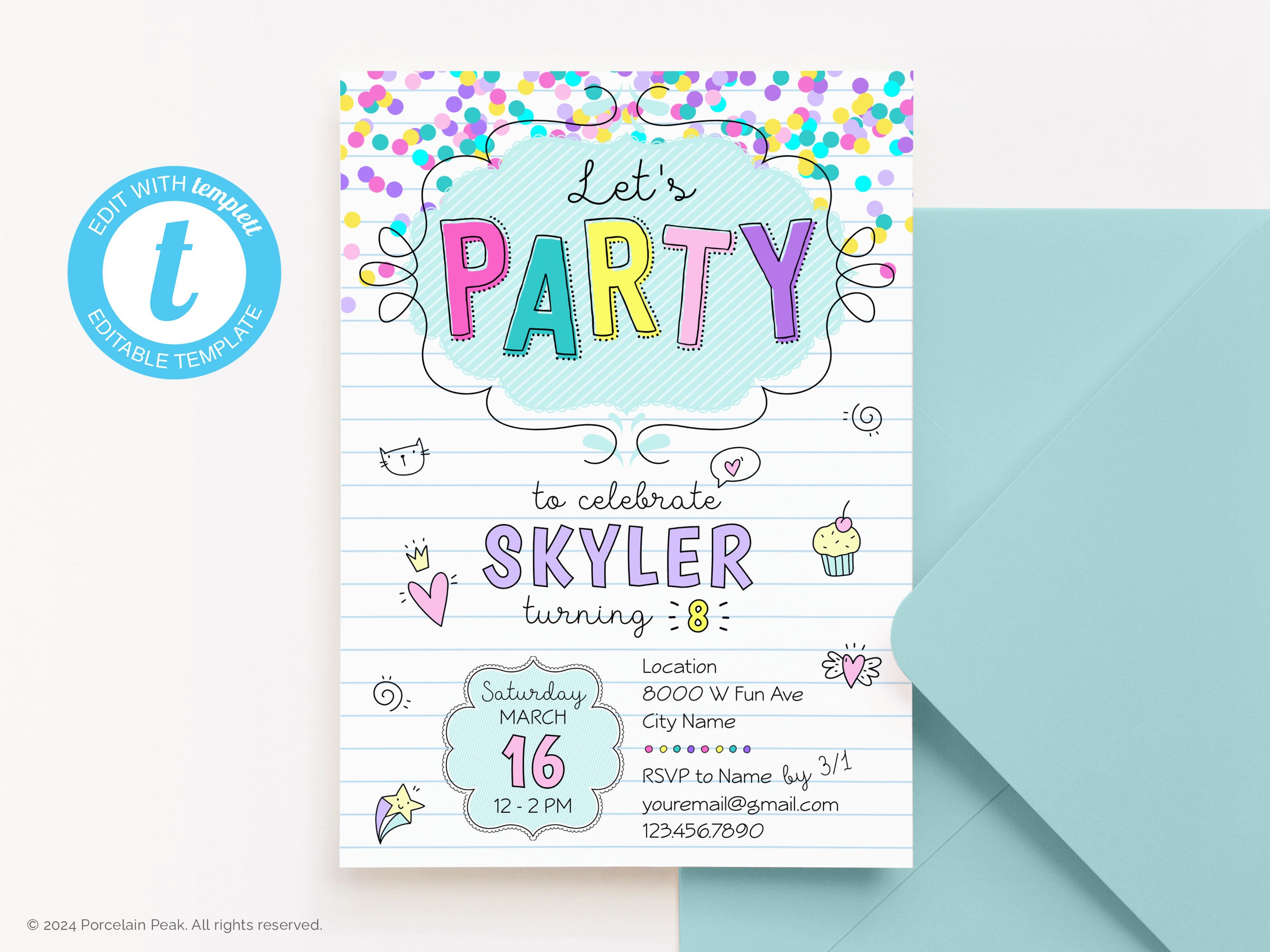 Editable Confetti Birthday Party Invitation, Tween Girl Party Invite ...
