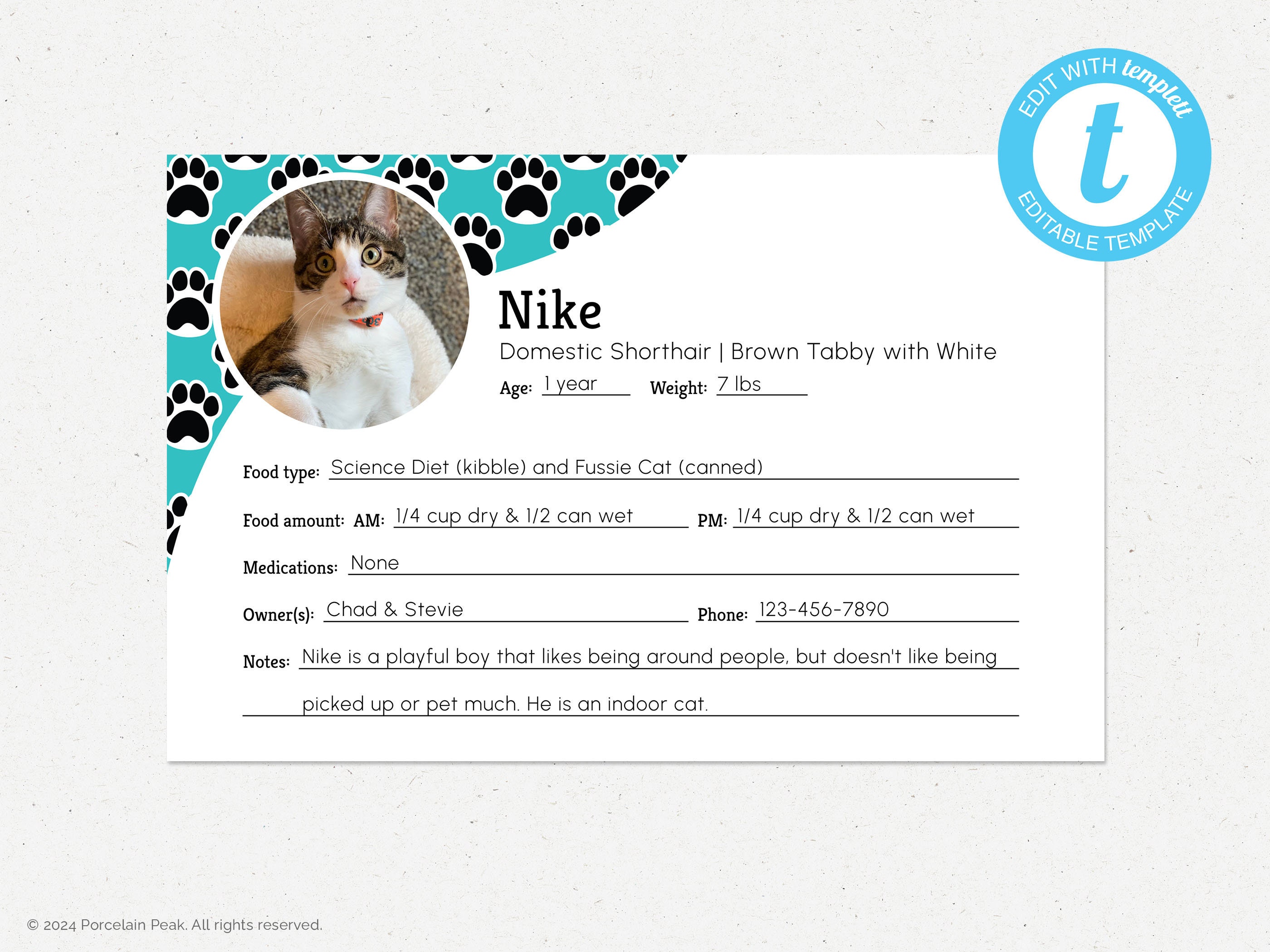 Pet Info Card, Pet Fact Card, Pet ID Card, Cat, Dog, Vet Appointment ...