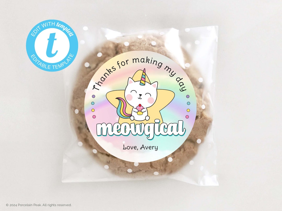 Editable Caticorn Birthday Thank You Tag, Kittycorn Favor Sticker ...