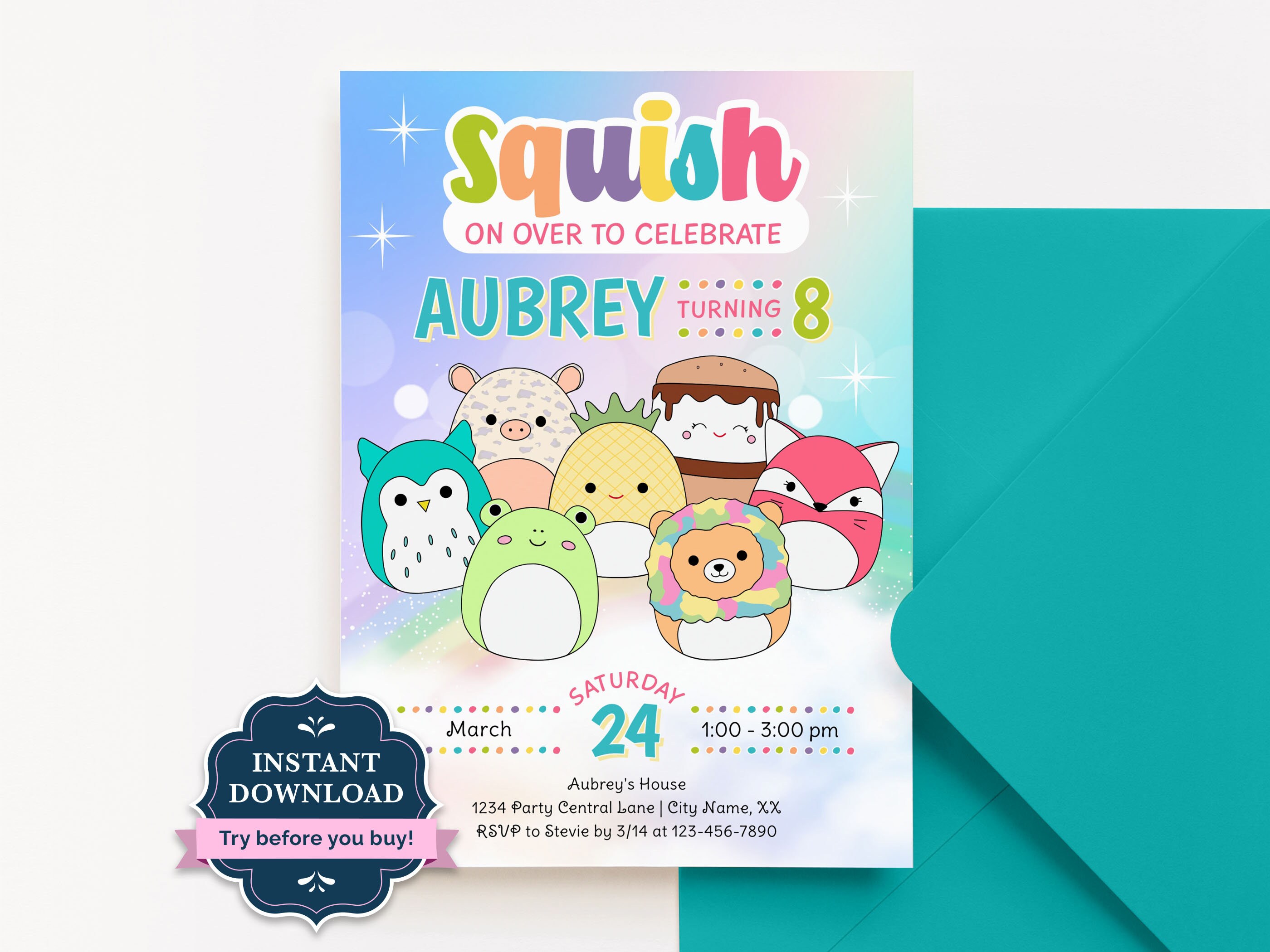 Editable Squishmallow Birthday Invitation, Girls Squish Party Invite ...