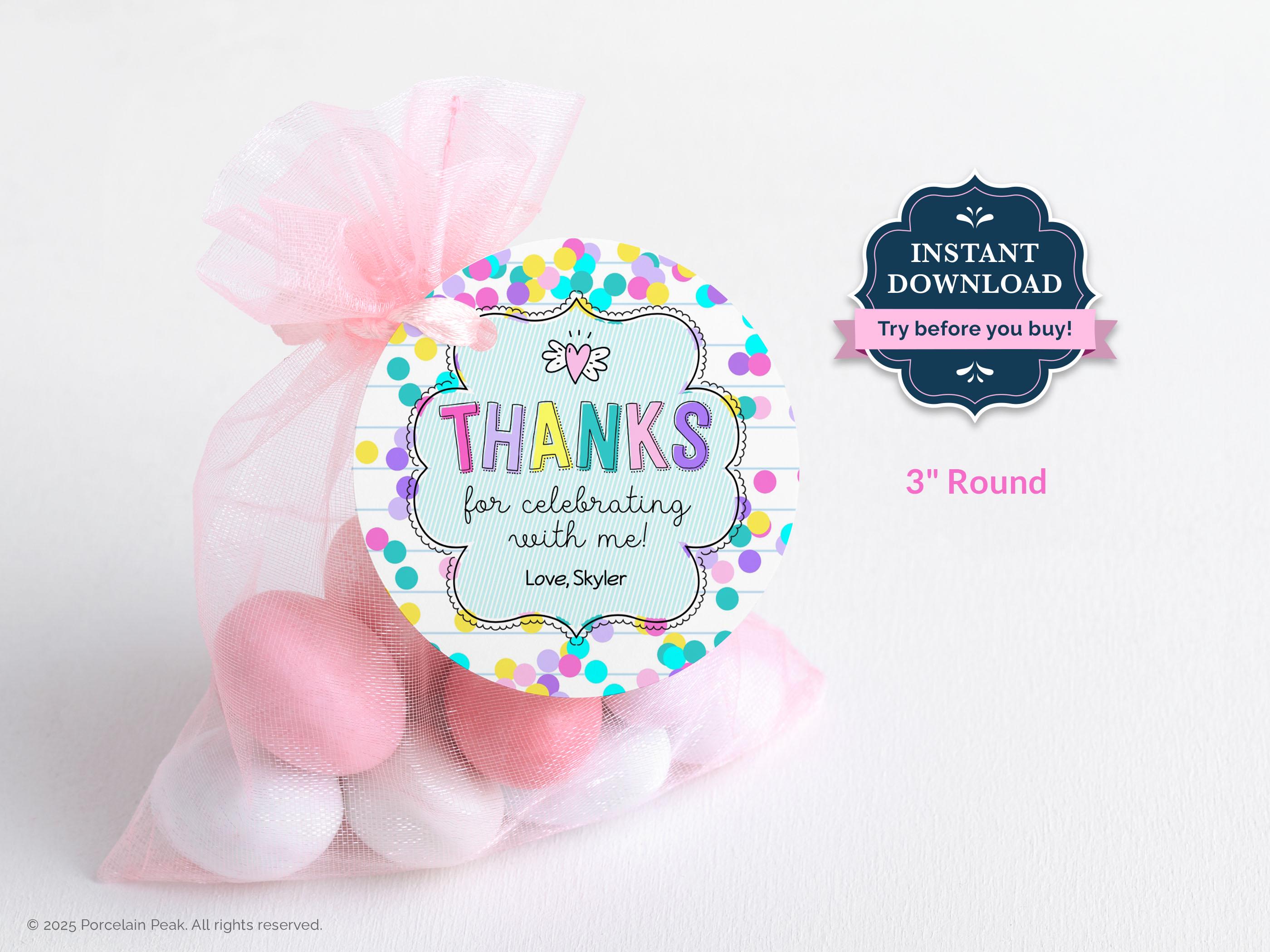 Editable Confetti Birthday Thank You Tag, Tween Party Favor Sticker ...