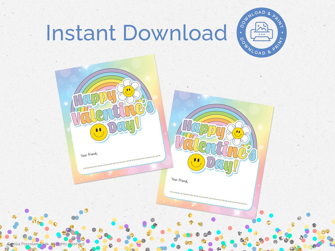 Rainbow Valentine Cards, Smiley Face Valentines for Kids, Flower School ...