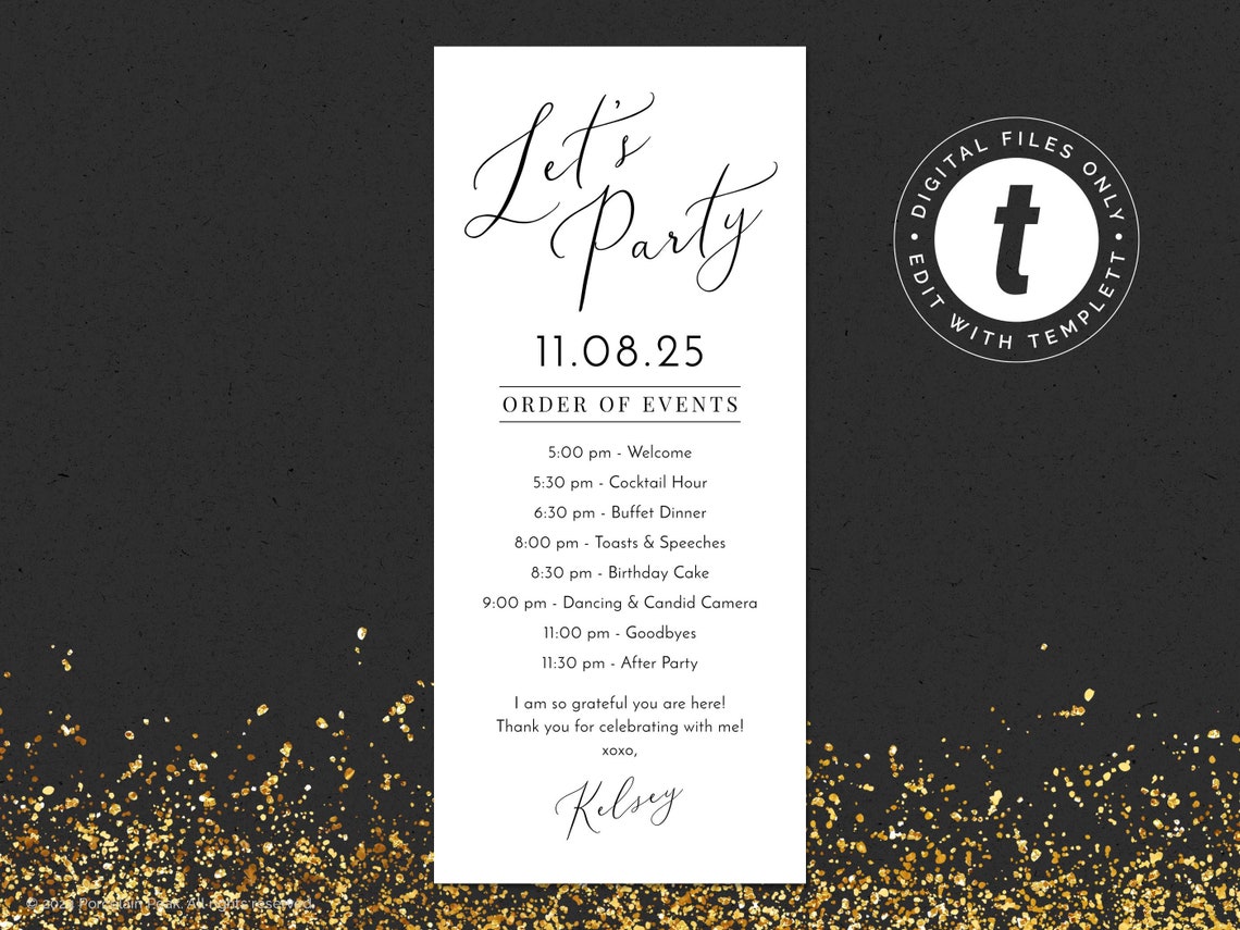 Party Program Template, Birthday Party Itinerary, Black & White ...