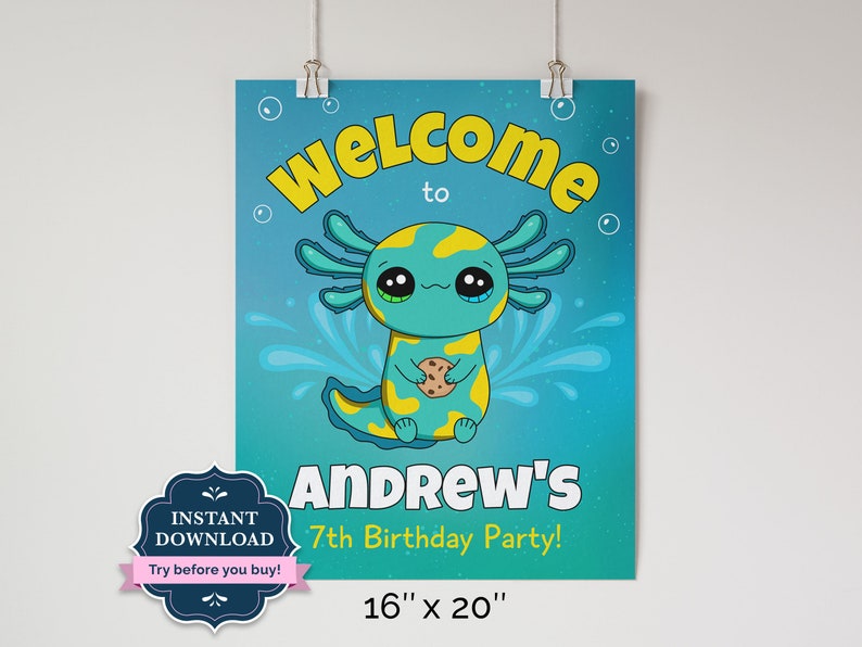 Editable Axolotl Welcome Sign, Boys Axolotl Birthday Party Decor ...