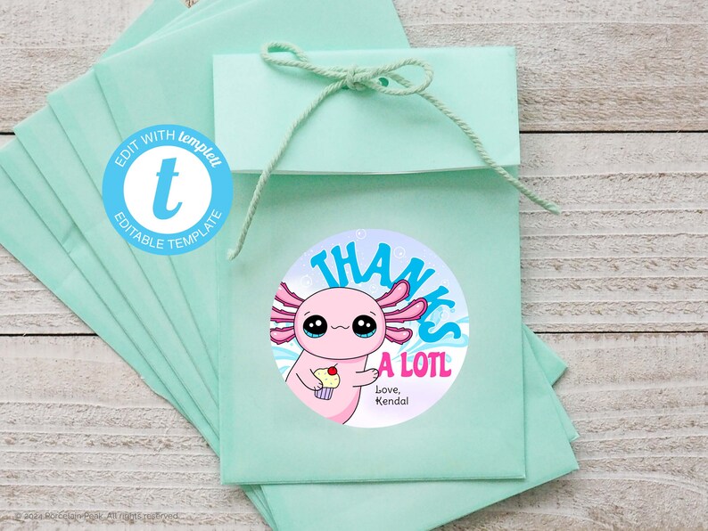 Editable Axolotl Birthday Thank You Tag, Axolotl Favor Sticker, Girls ...