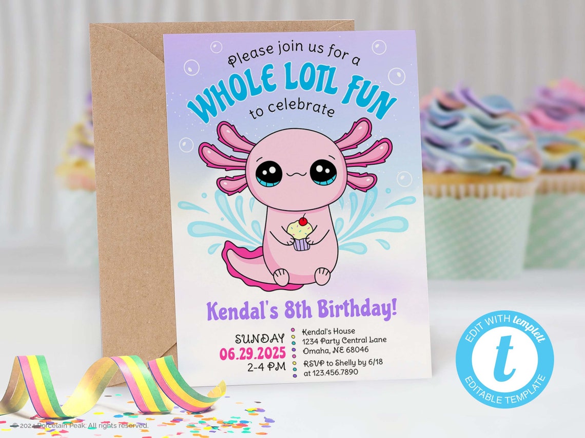 Editable Axolotl Girls Birthday Invitation, Cute Axolotl Party Invite ...