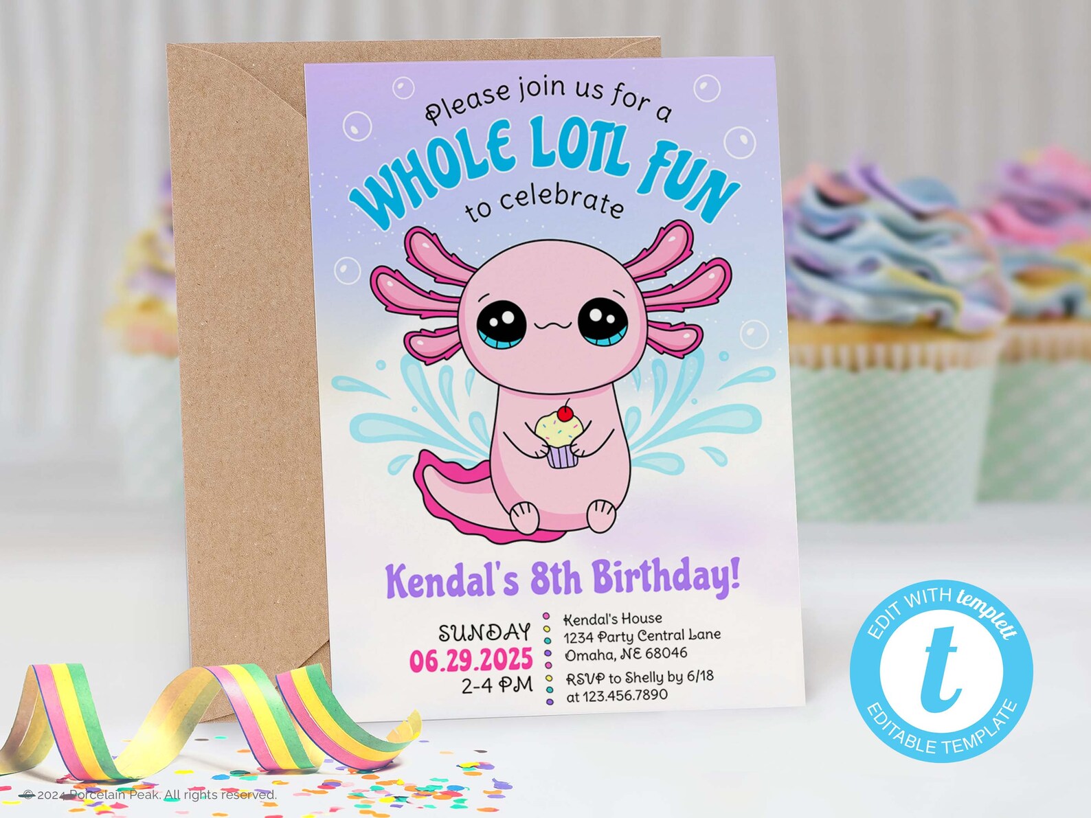 Editable Axolotl Girls Birthday Invitation, Cute Axolotl Party Invite ...