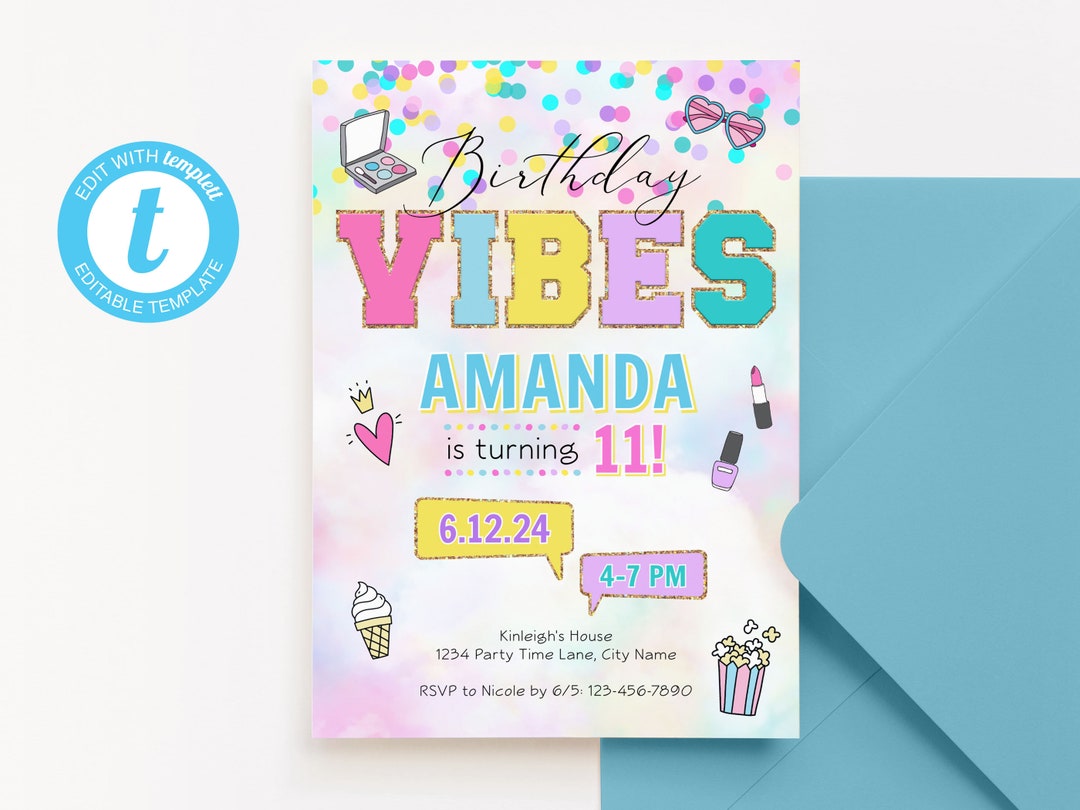 Tween Birthday Invitation, Birthday Vibes Invite, Varsity Patch Text ...