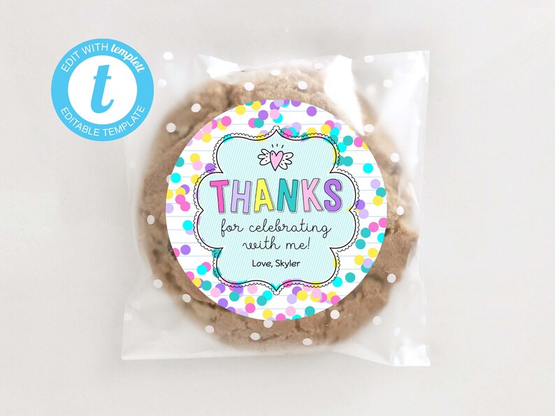 Editable Confetti Birthday Thank You Tag, Tween Party Favor Sticker ...
