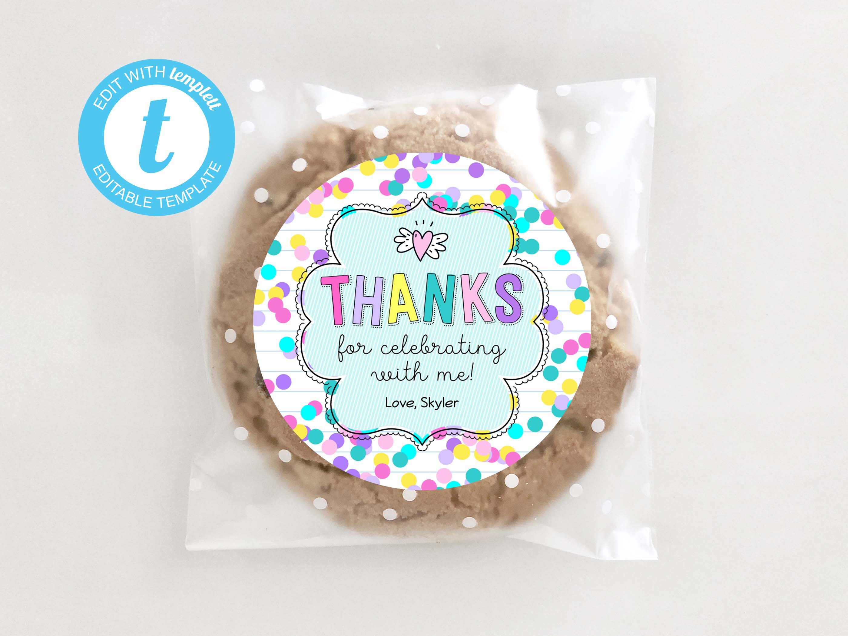 Editable Confetti Birthday Thank You Tag, Tween Party Favor Sticker ...