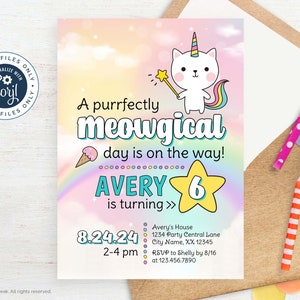 Editable Girls Caticorn Birthday Invitation, Kittycorn Party Invite ...