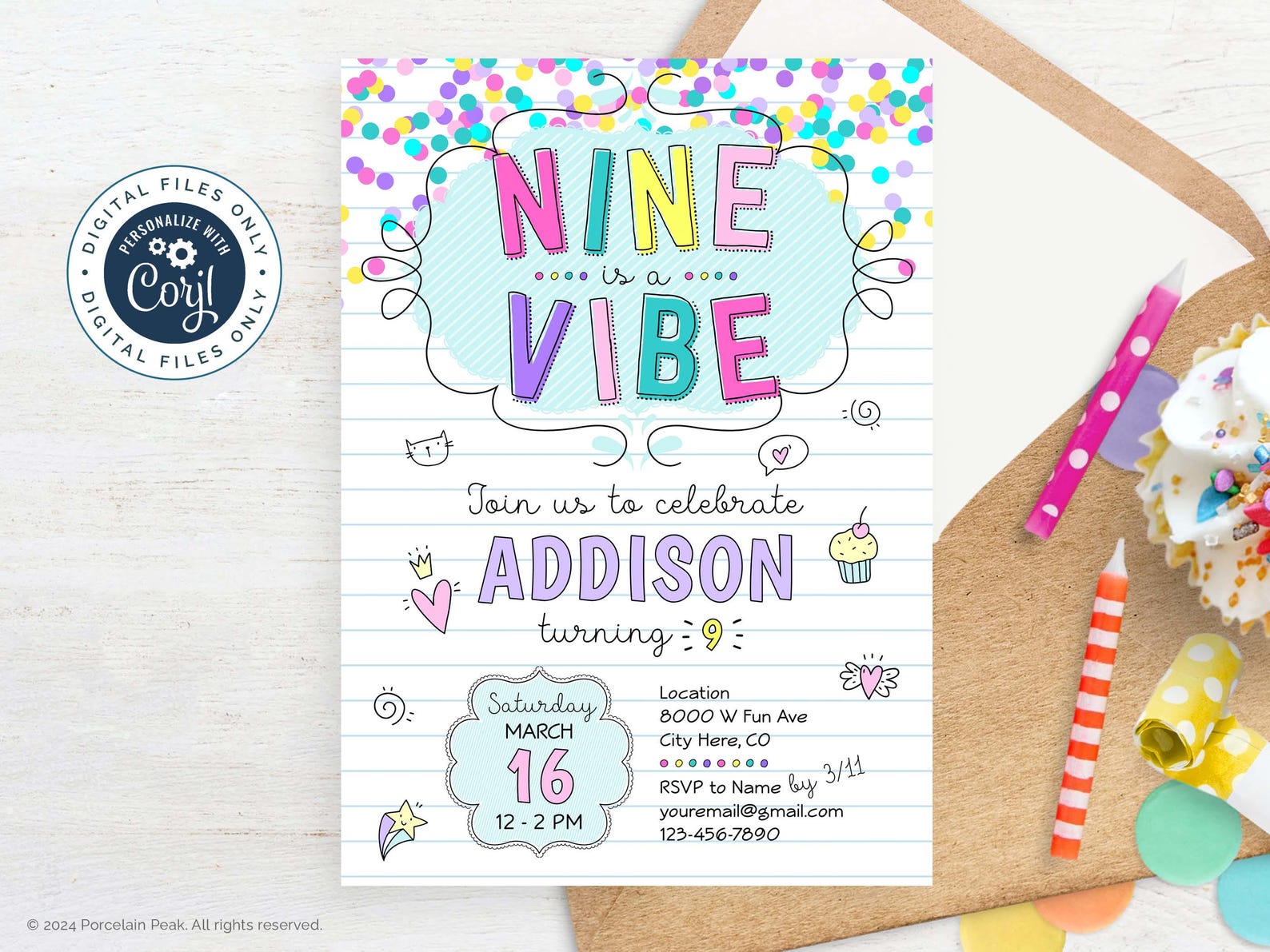 9th Birthday Invitation, Confetti Party Invite, Tween Girl Rainbow ...