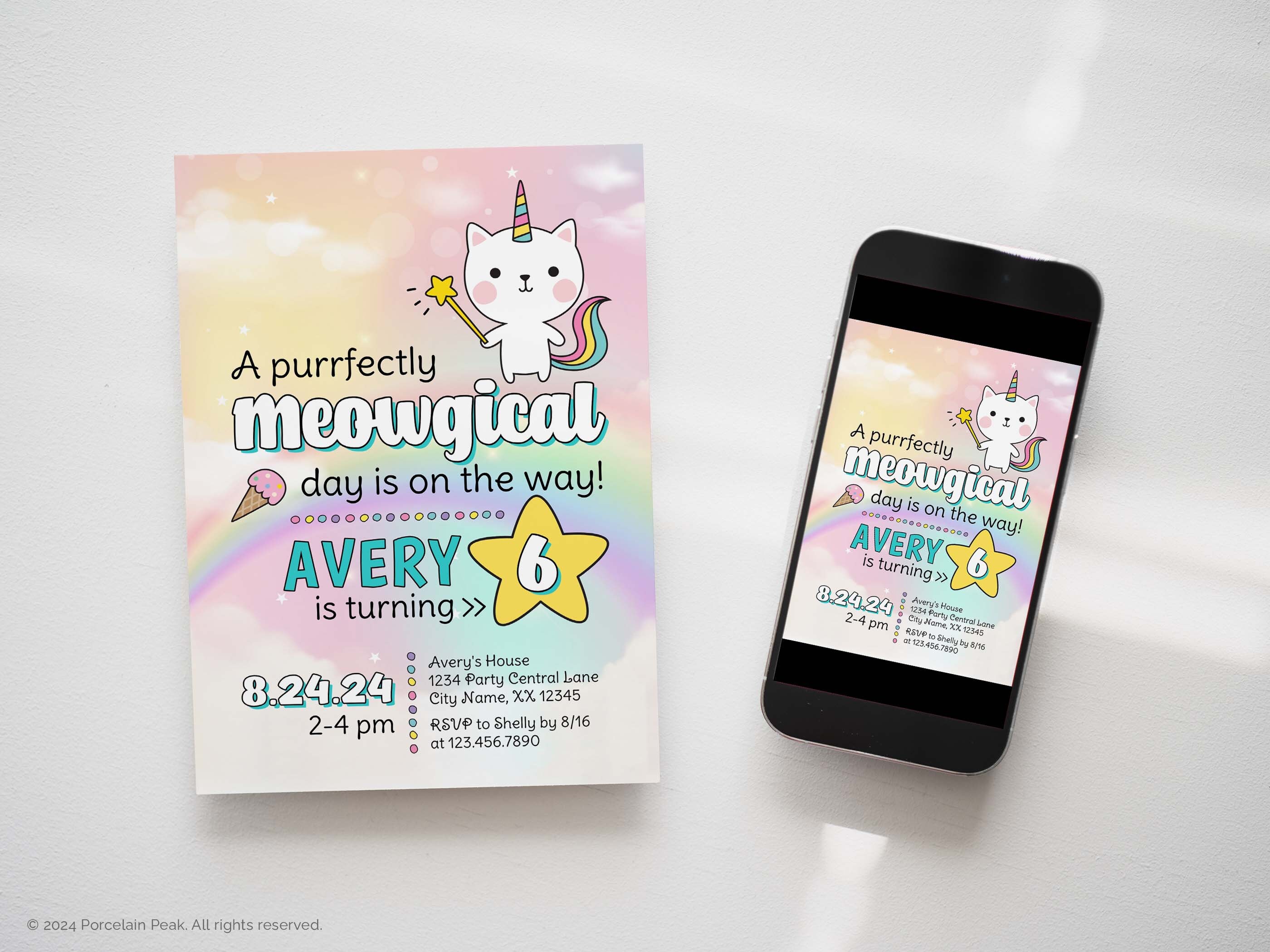Editable Girls Caticorn Birthday Invitation, Kittycorn Party Invite ...