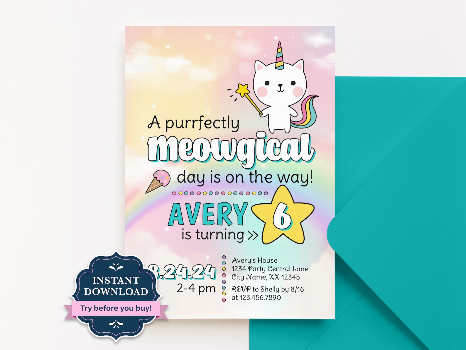 Editable Girls Caticorn Birthday Invitation, Kittycorn Party Invite ...