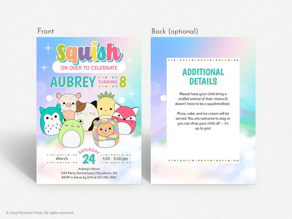 Squishmallow Birthday Invitation, Girls Squish Party Invite ...