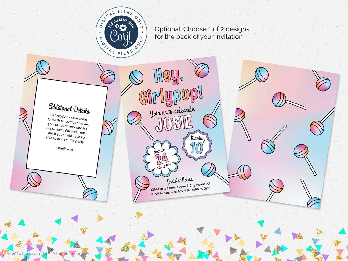 Tween Birthday Invitation, Tween Girl Party Invite, Lollipop, Girlypop ...