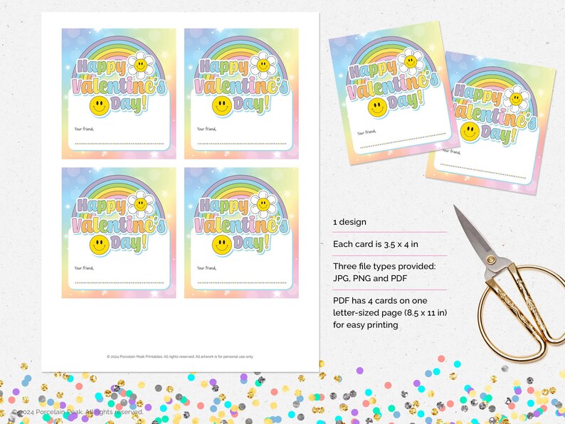 Rainbow Valentine Cards, Smiley Face Valentines for Kids, Flower School ...