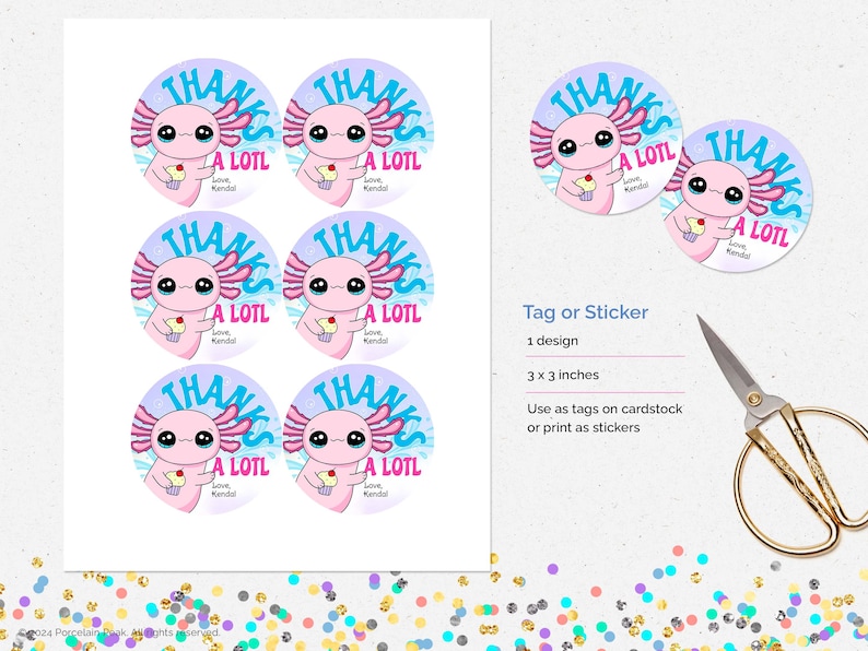 Editable Axolotl Birthday Thank You Tag, Axolotl Favor Sticker, Girls ...
