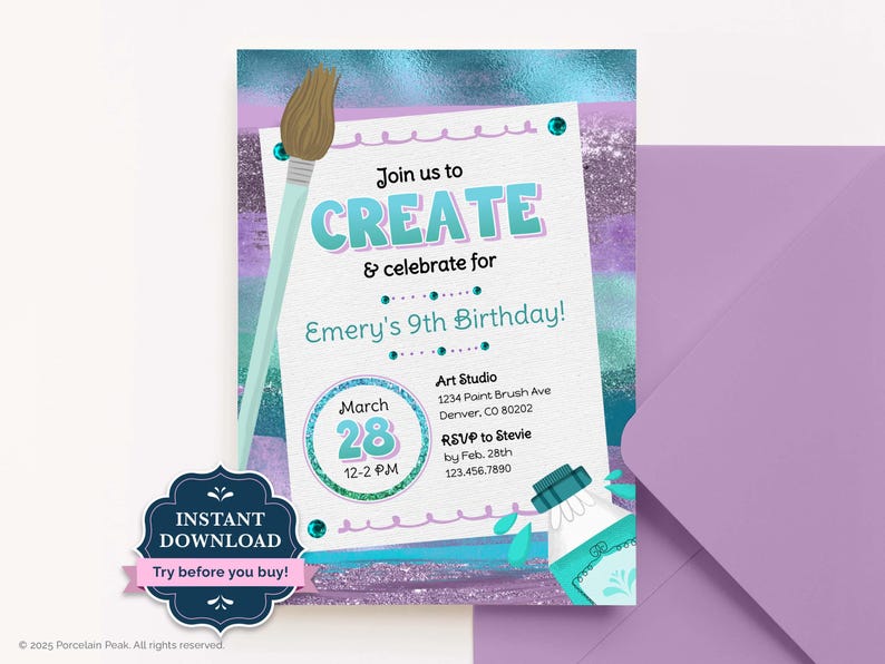 Editable Art Birthday Party Invitation, Girls Arts & Crafts Party ...