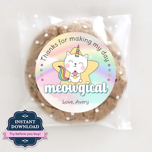 Editable Caticorn Birthday Thank You Tag, Kittycorn Favor Sticker ...