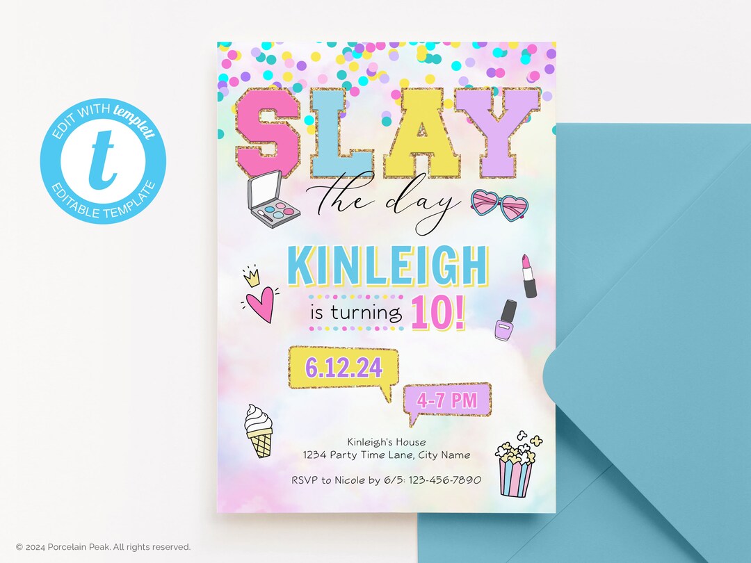 Tween Birthday Invitation, Slay the Day Invite, Varsity Patch Text ...