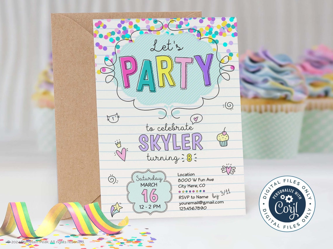 Editable Confetti Birthday Party Invitation, Tween Girl Party Invite ...