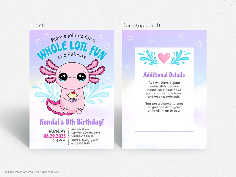 Editable Axolotl Girls Birthday Invitation, Cute Axolotl Party Invite ...