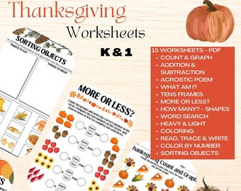 Thanksgiving Worksheets Kindergarten & First Grade, Workbook, Printable ...