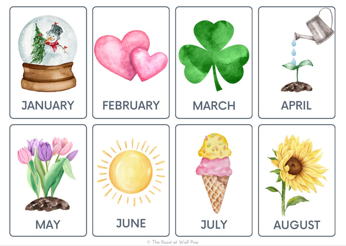 Months of the Year Flashcards, Montessori, Pre-k, Homeschool ...
