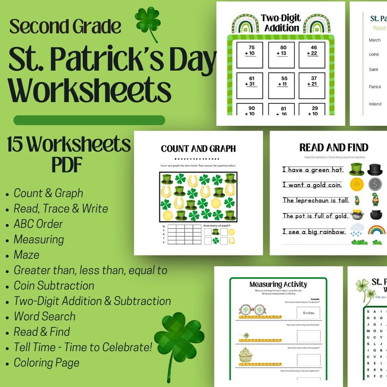 Second Grade St. Patrick's Day Workbook, Printable, Homeschool, Holiday ...