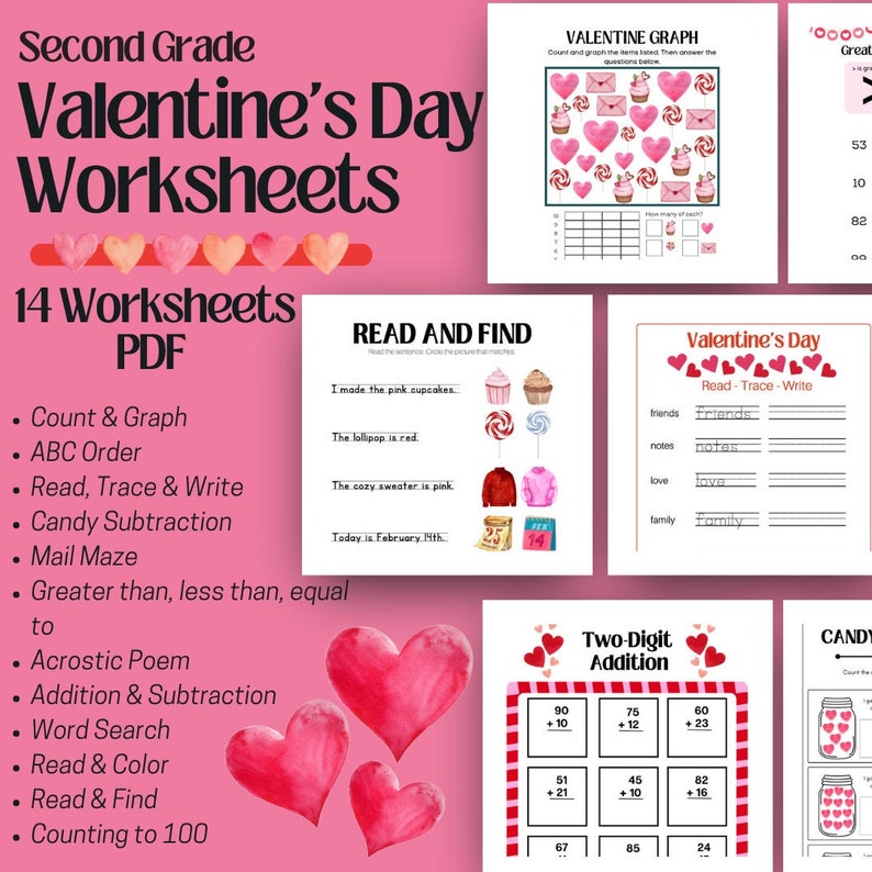 Second Grade Valentine's Day Worksheets, Workbook, Holiday, Math ...