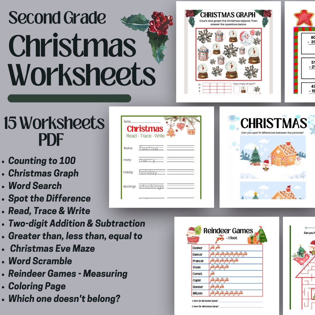 CHRISTMAS WORKSHEETS Second Grade, Homeschool, Printable, Winter, Learning, Math, Reading ...