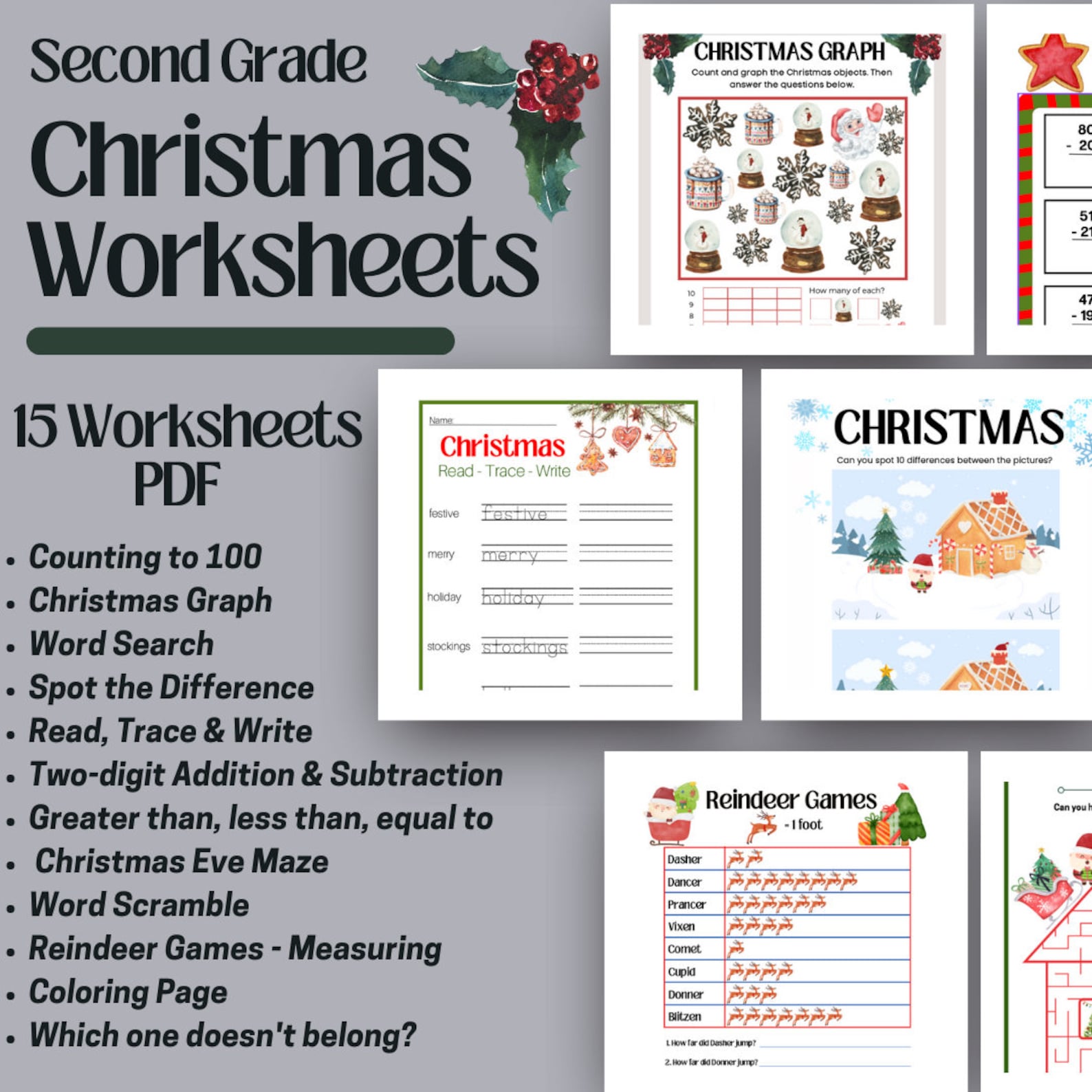 CHRISTMAS WORKSHEETS Second Grade, Homeschool, Printable, Winter ...