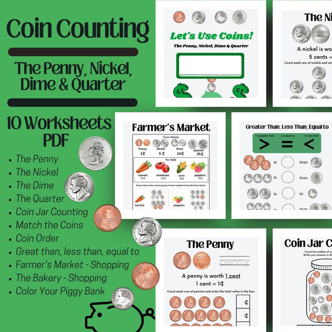 Coin Counting, Penny, Nickel, Dime, Quarter, Homeschool, Worksheets ...
