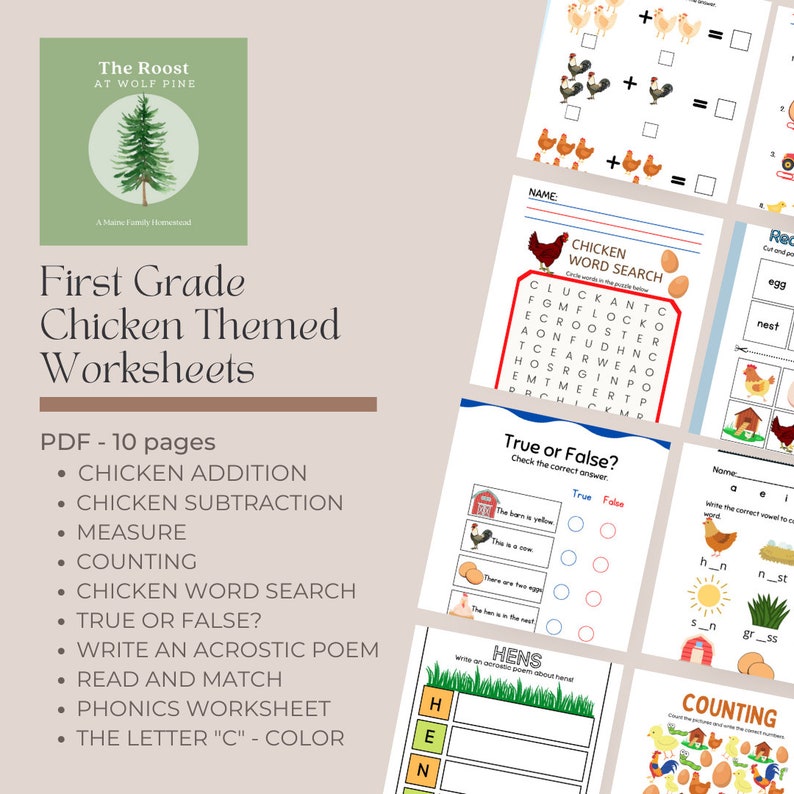 First Grade Chicken Themed Worksheets, Math, Reading, Counting ...