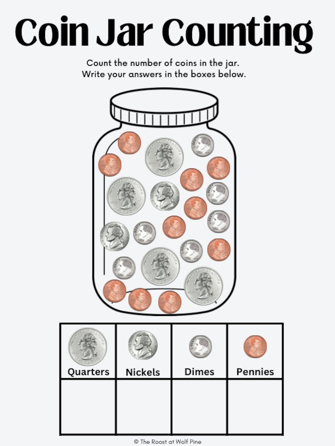 Coin Counting, Penny, Nickel, Dime, Quarter, Homeschool, Worksheets ...